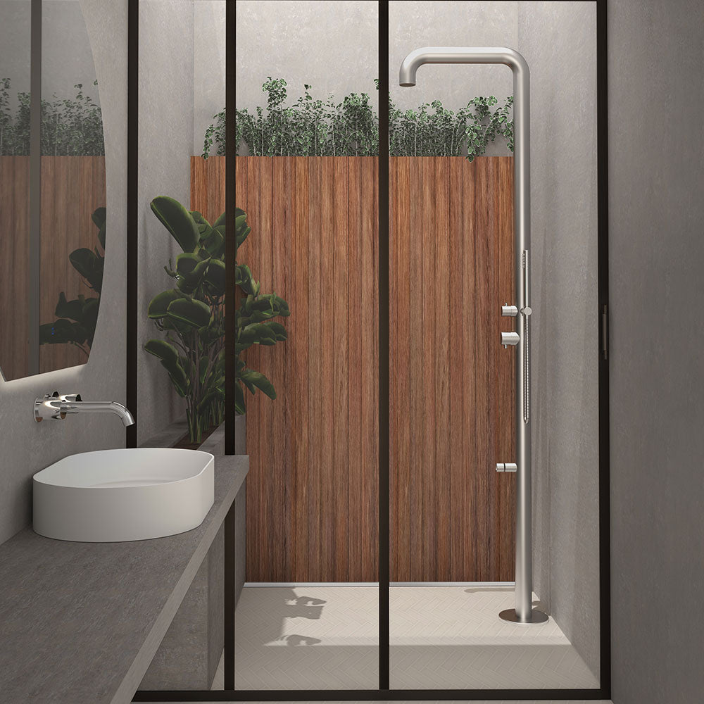 Envy II Outdoor Shower Column with Square Shower Arm and Fixed Overhead ...