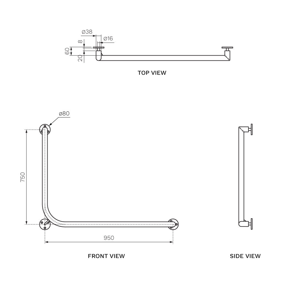 Stella Grab Rail 90⁰ Right Hand 950 x 750mm - PARISI Bathroom Accessories
