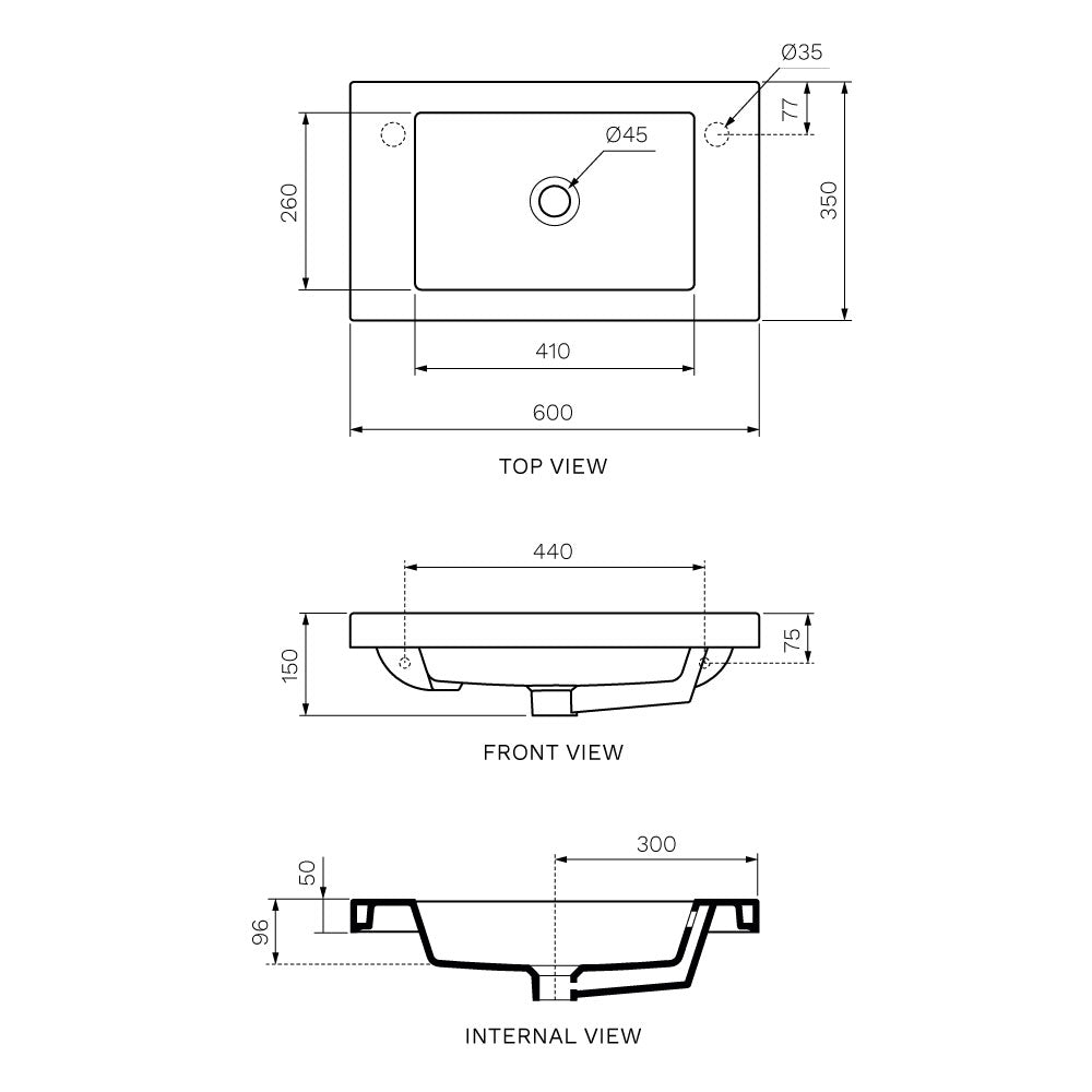 Blade 35 Back to Wall Inset Basin (600mm) Right Tap Hole - PARISI Basins