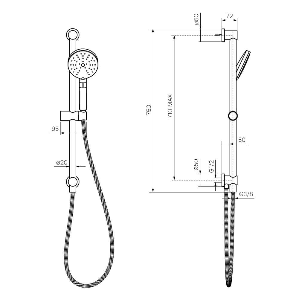 Envy II Sliding Rail with Button Slider & Hand Shower - PARISI Showers