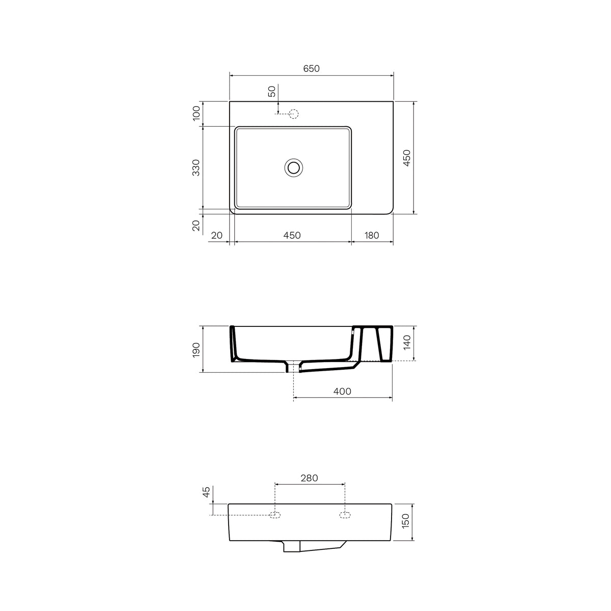 Quasar 650mm Bench Mounted Basin with Right Hand Shelf (Left Bowl ...