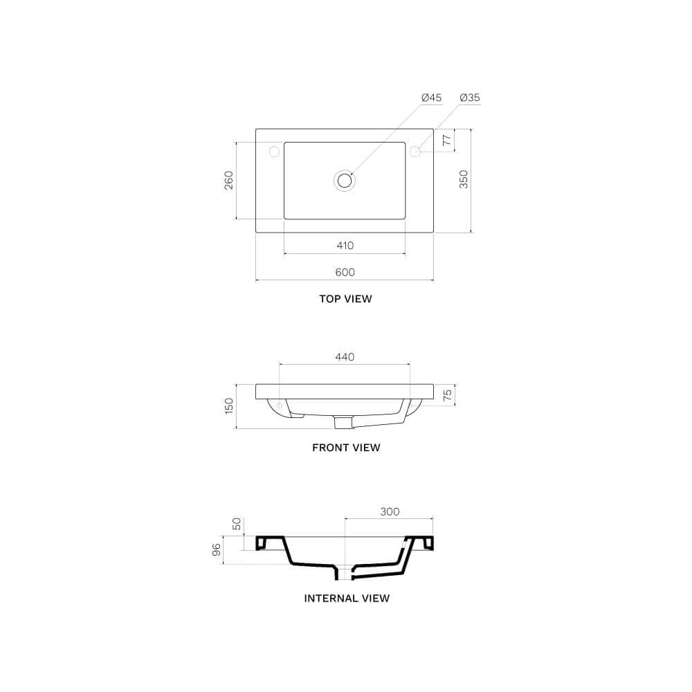 Blade 35 Wall Basin (600mm) Left Tap Hole - PARISI Basins